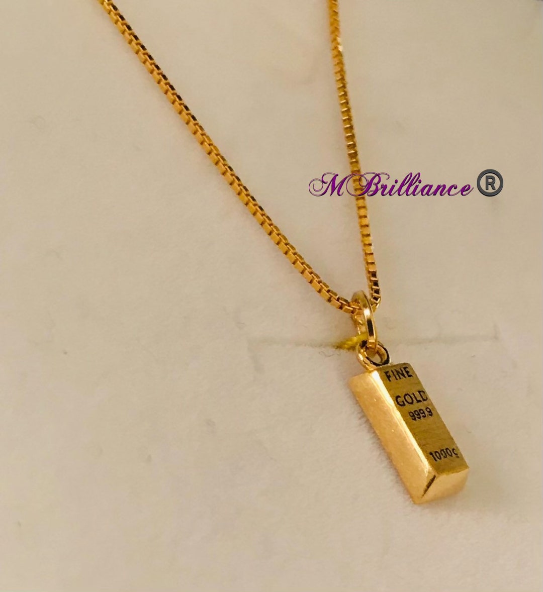Gold Bar Pendant Box Chain Necklace Set Solid 22k 916 Gold - Etsy