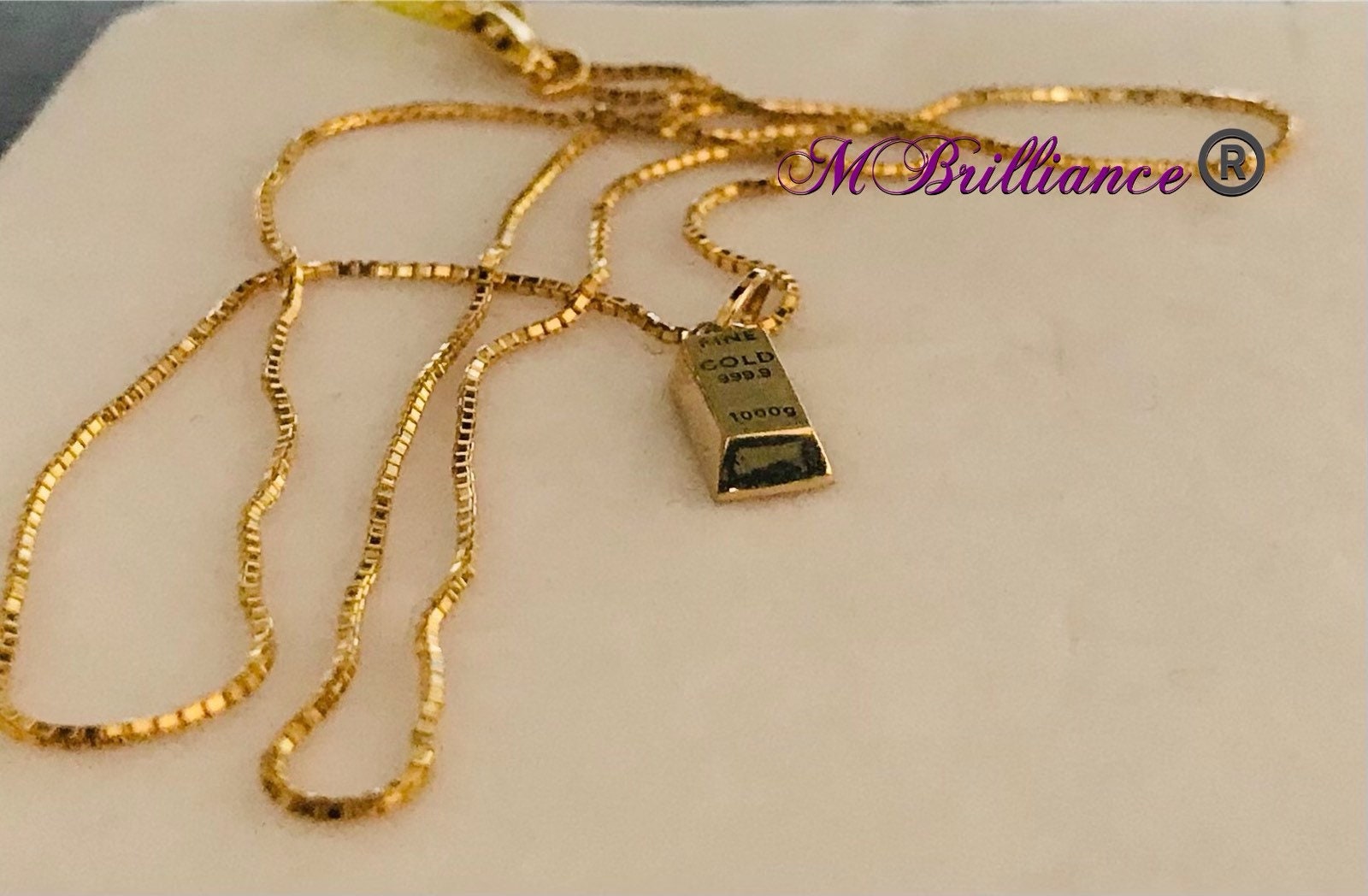GOLD BAR Pendant Box Chain Necklace Set Solid 22k 916 Gold | Etsy