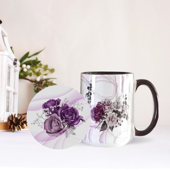 Purple Roses Ceramic Mug and Coaster Set - Etsy