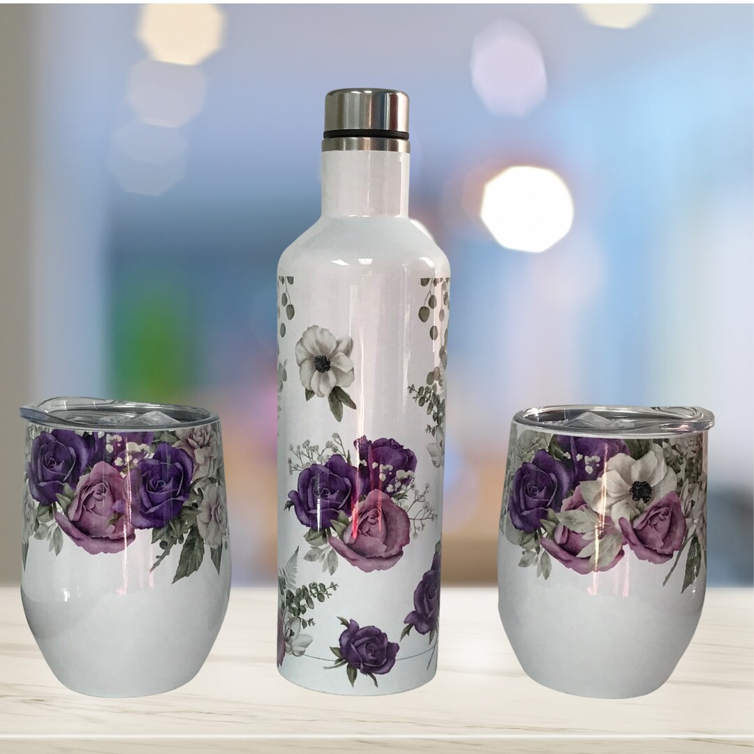 Purple Roses Wine Bottle and Wine Tumbler Set; Insulated Wine Carafe ...