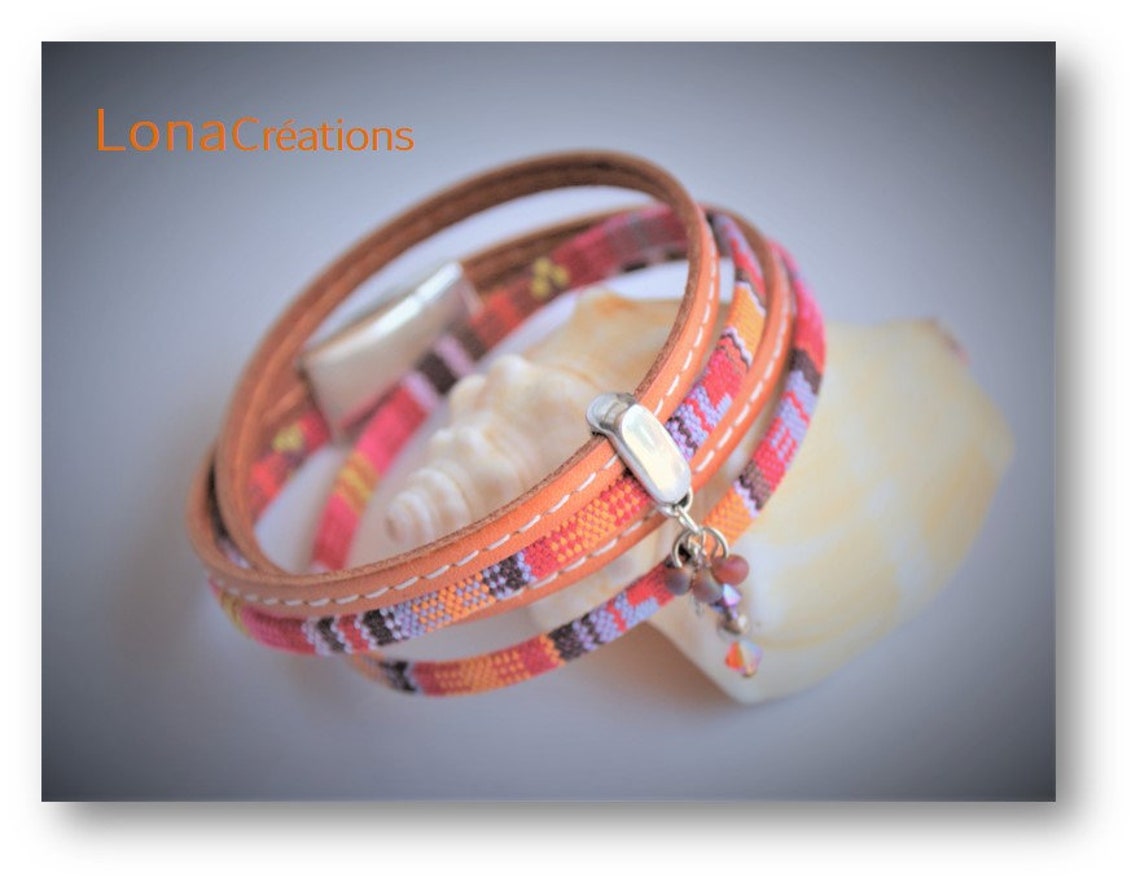 Bracelet cuir et tissu tons rouges et oranges Passant | Etsy