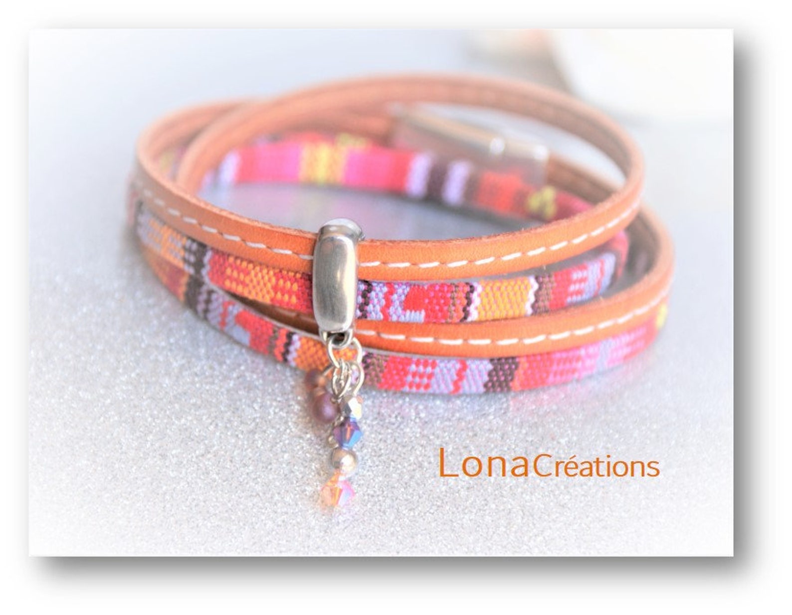 Bracelet cuir et tissu tons rouges et oranges Passant | Etsy