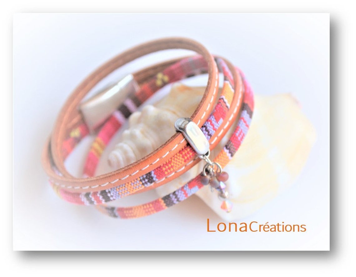 Bracelet cuir et tissu tons rouges et oranges Passant | Etsy