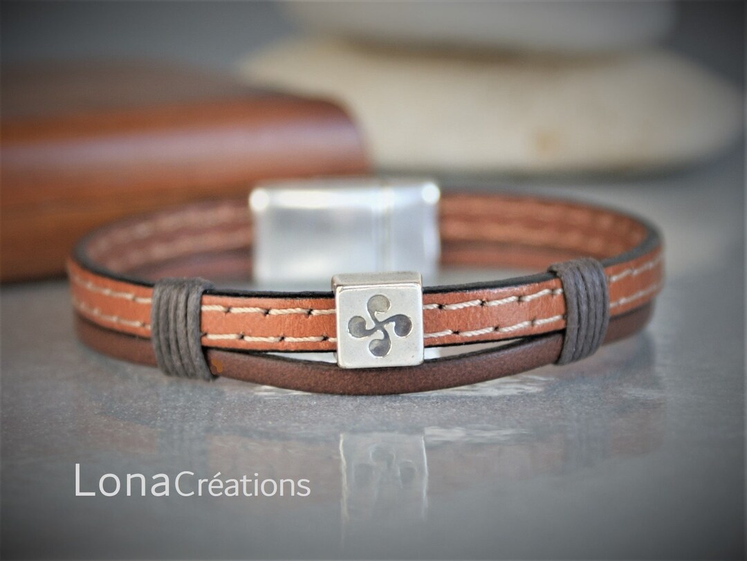 Men's Bracelet in Brown Leather, Silver Zamak Basque Cross Loop - Etsy
