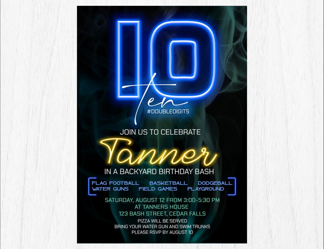 10th Birthday Neon Lights Party Invitation - Etsy