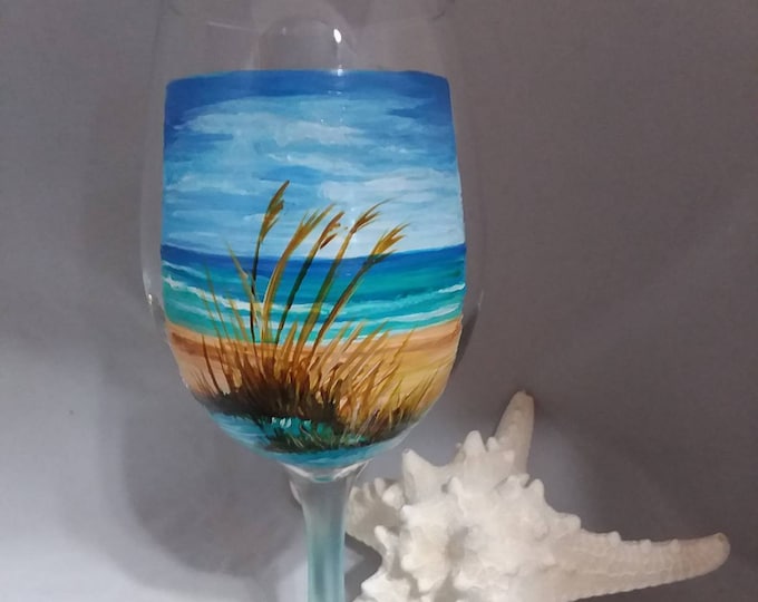 Hand Painted Beach Scene With Blue Stem Wine Glass - Etsy