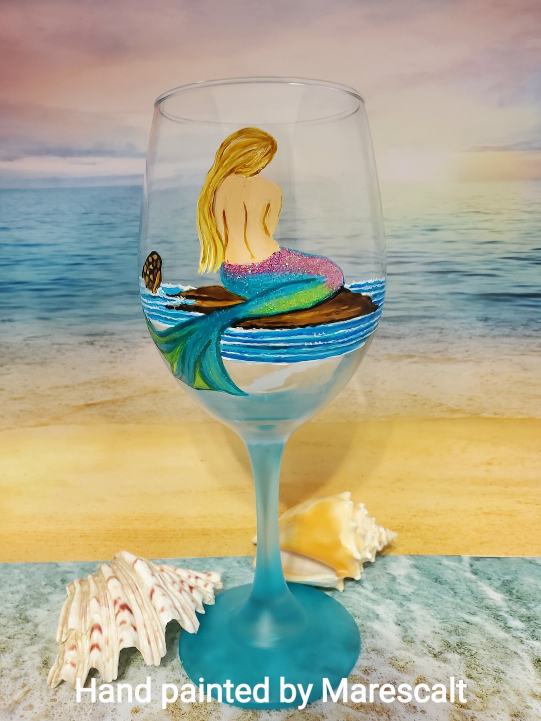 Hand Painted Mermaid With Seaturtle 20 Oz. Wine Glass - Etsy