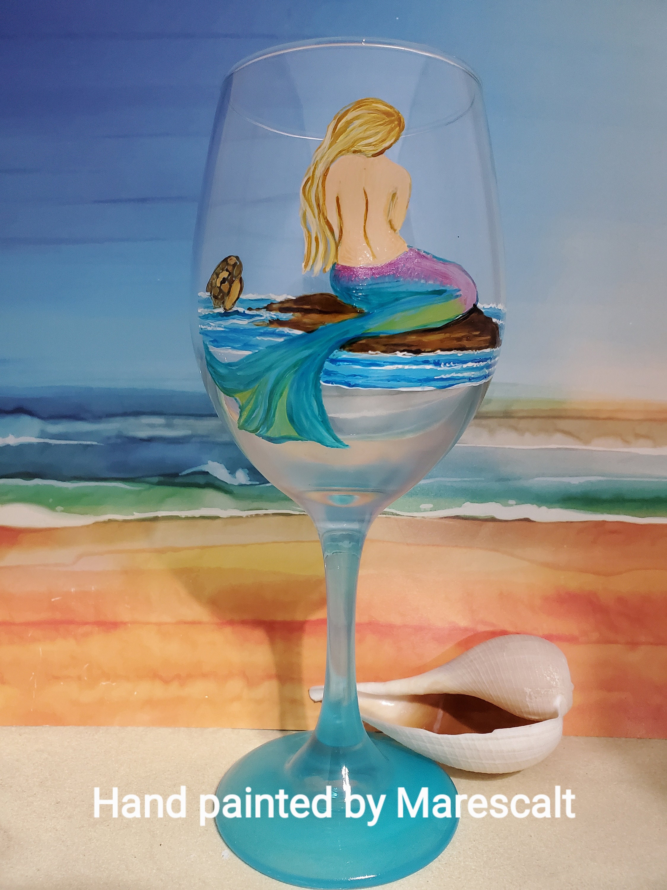 Hand Painted Mermaid With Seaturtle 20 Oz. Wine Glass - Etsy