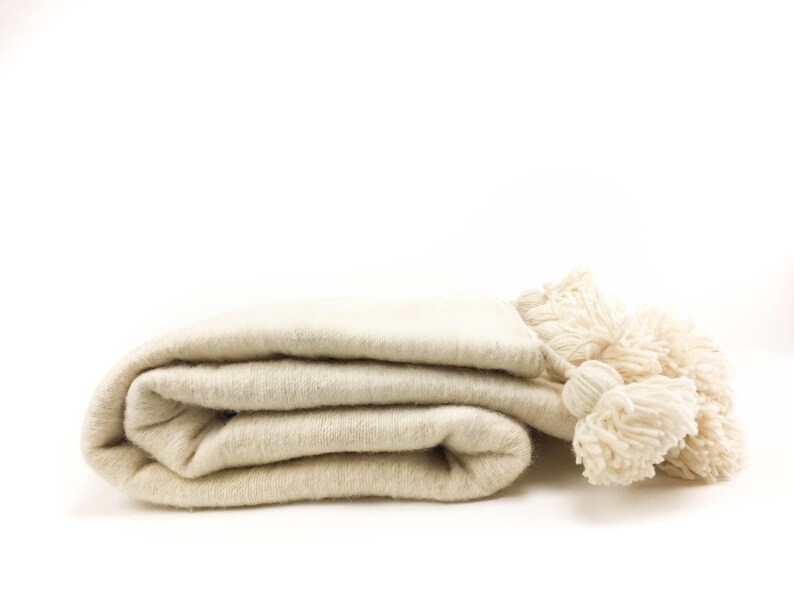 Ivory Pom Pom Blanket Handwoven Wool Moroccan Throw | Etsy