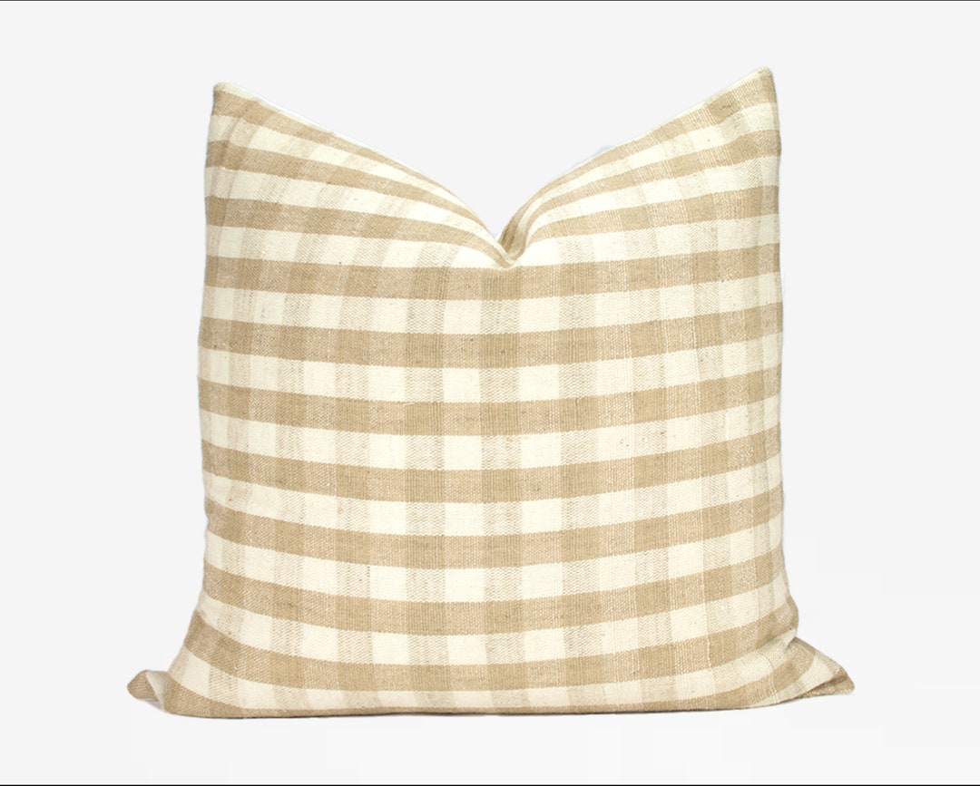 20" Square Designer Check Tan & Ivory Handwoven Pillow, Beige and White ...
