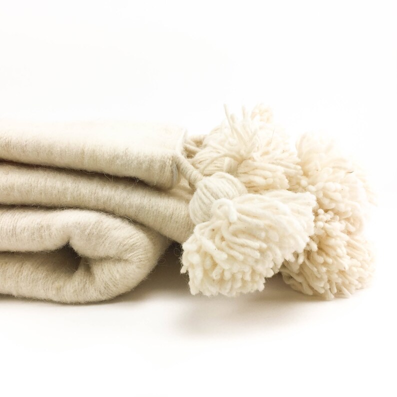 Ivory Pom Pom Blanket Handwoven Wool Moroccan Throw | Etsy