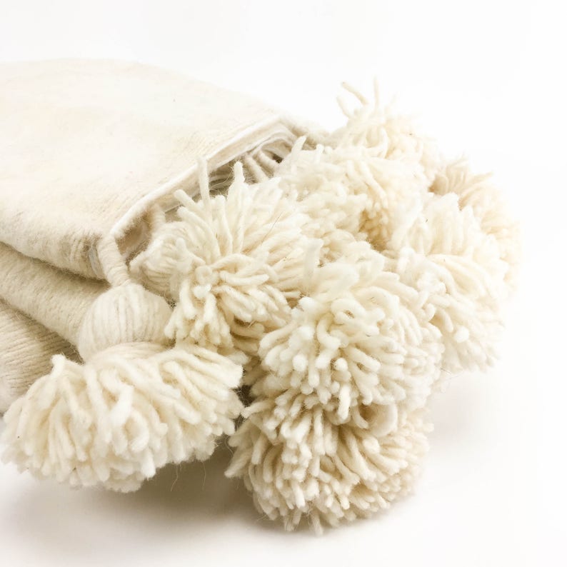 Ivory Pom Pom Blanket Handwoven Wool Moroccan Throw | Etsy