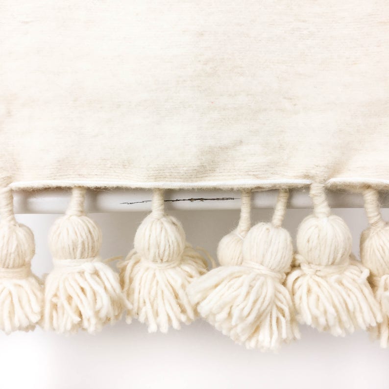 Ivory Pom Pom Blanket Handwoven Wool Moroccan Throw | Etsy