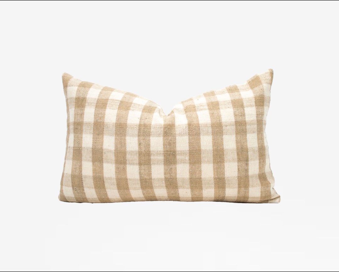 Small Lumbar Designer Check Tan & Ivory Handwoven Pillow, Beige and ...