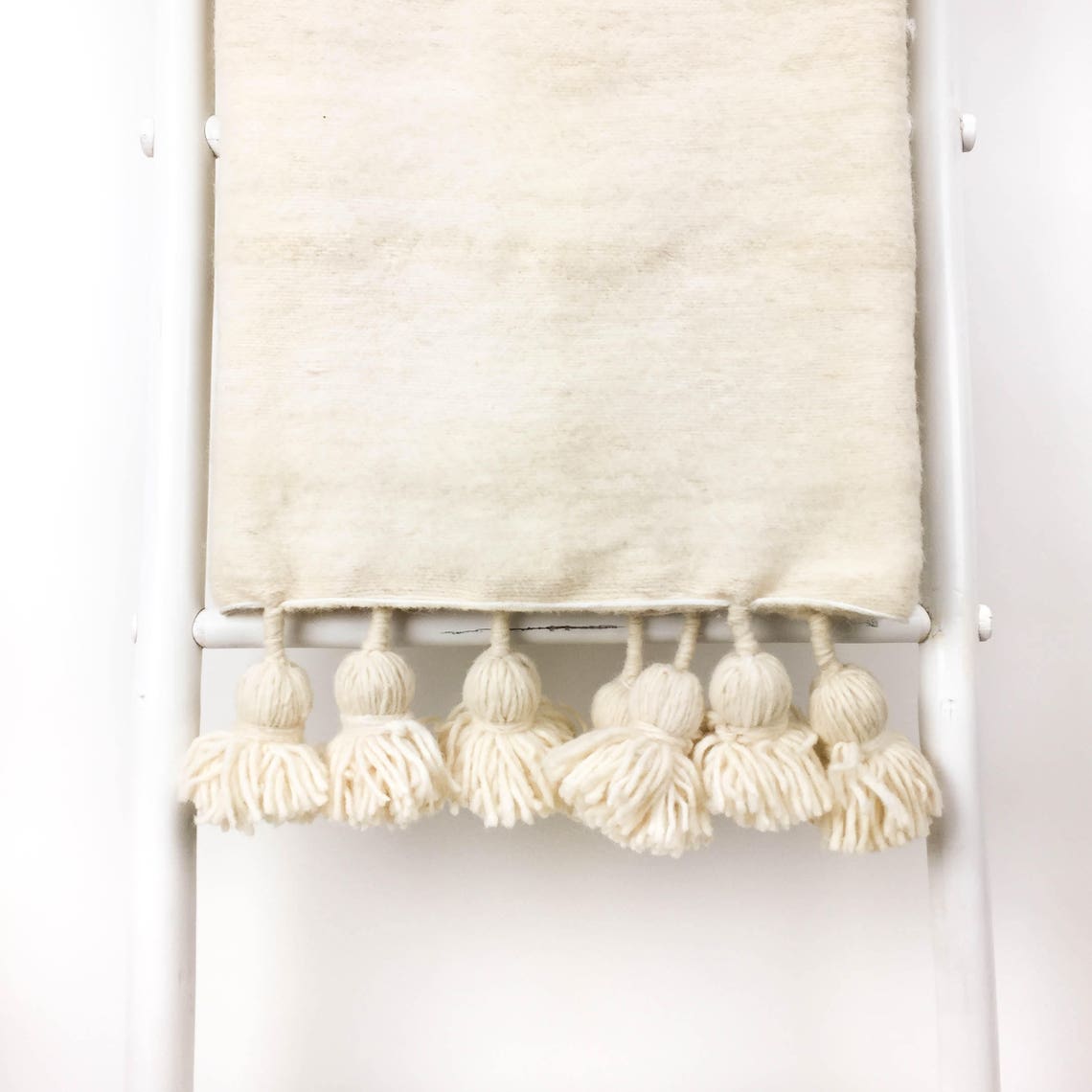 Ivory Pom Pom Blanket Handwoven Wool Moroccan Throw | Etsy