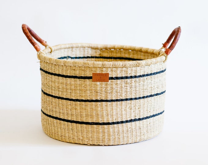 Large Storage Basket With Brown Leather Handles Navy Stripes - Etsy