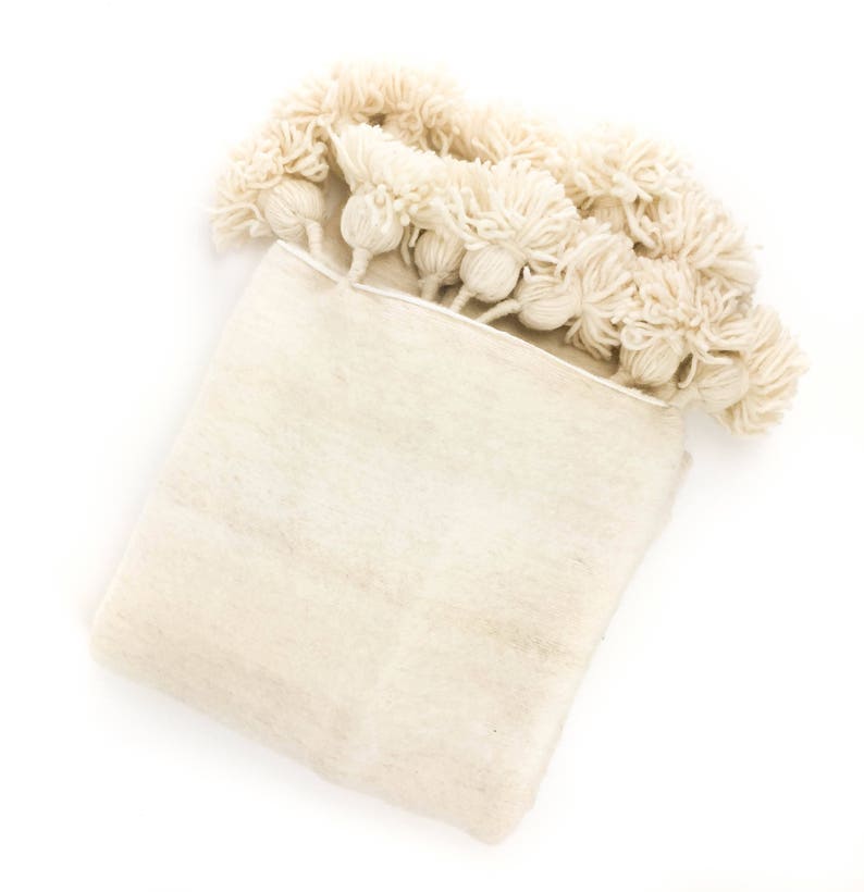 Ivory Pom Pom Blanket Handwoven Wool Moroccan Throw | Etsy