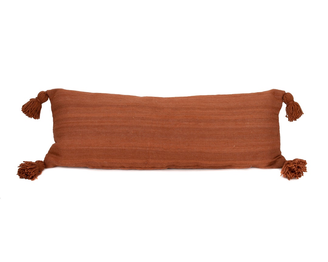 14 X 36 Rust Pom Pom Long Lumbar Pillow Cover Handwoven Moroccan Burnt ...