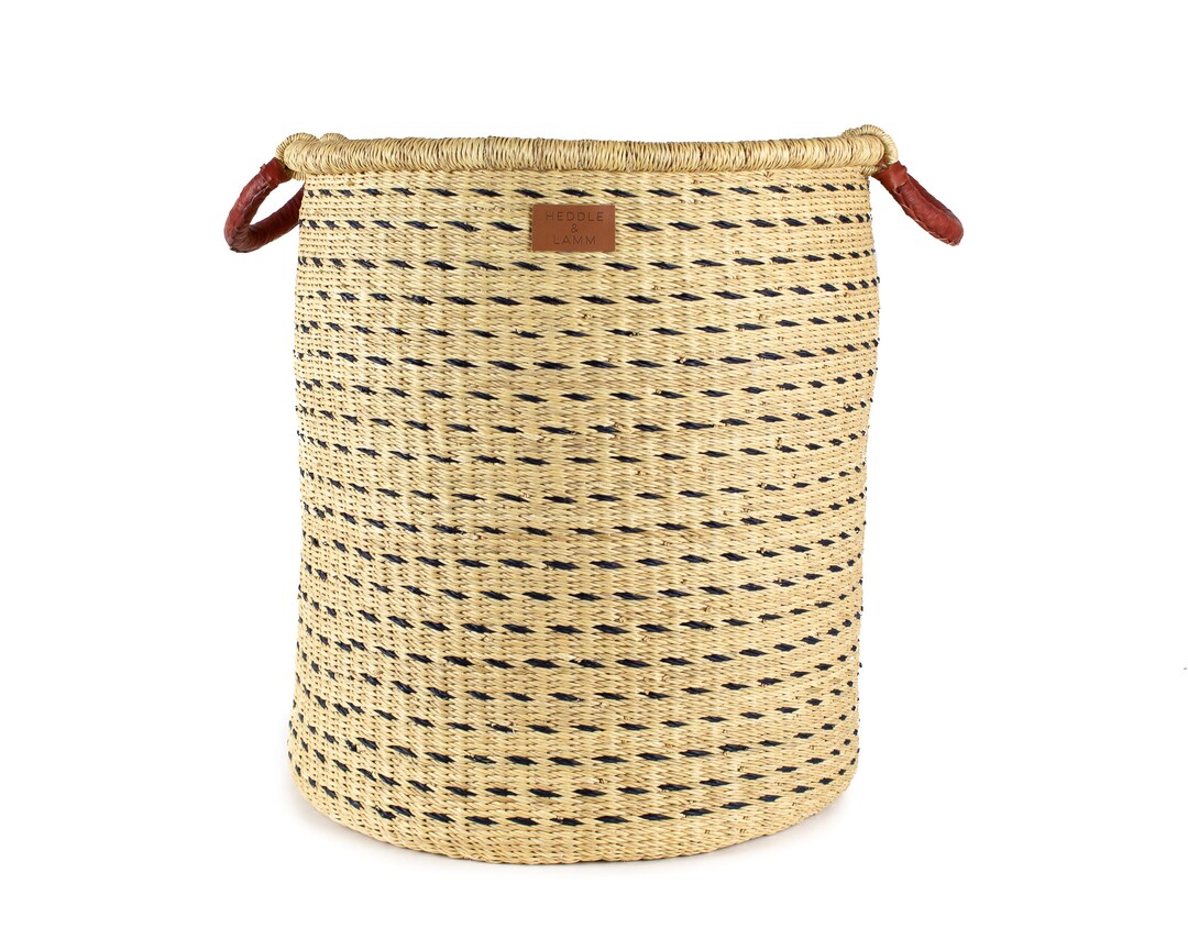 Tall Dash Patterned Hamper Basket With Brown Leather Handles - Etsy