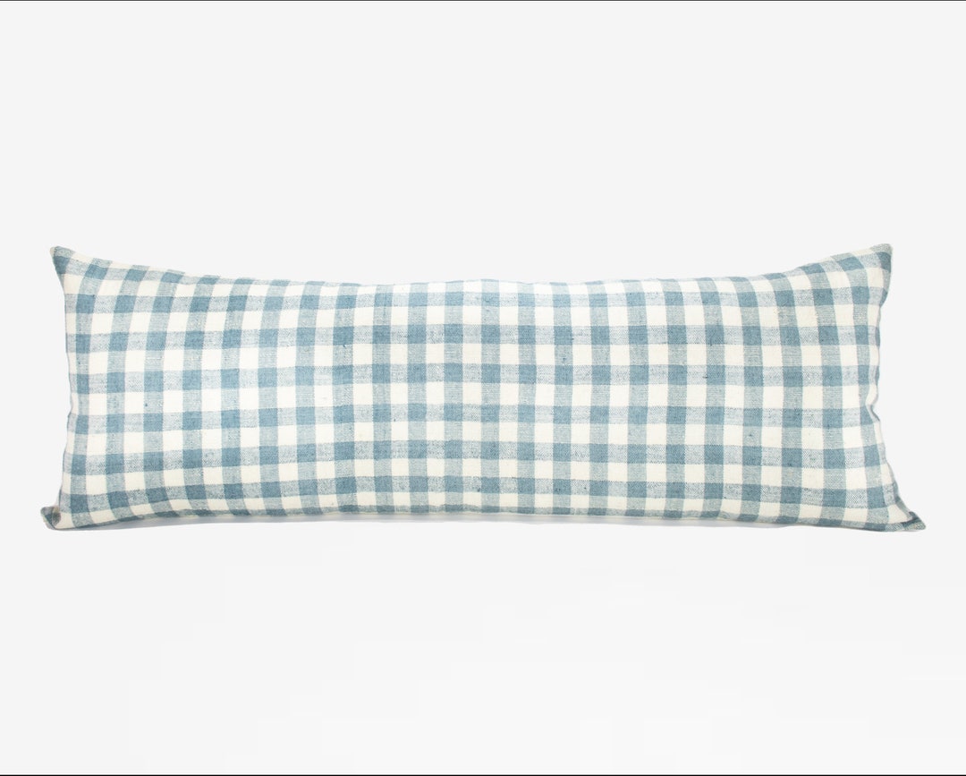 Large Lumbar Light Blue & Ivory Handwoven Gingham Pillow, Baby Blue ...