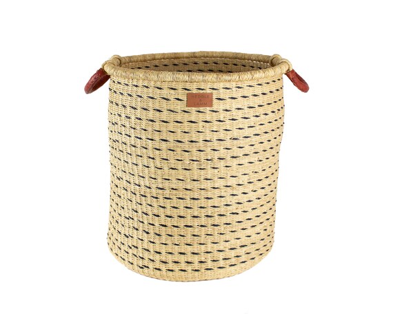 Tall Dash Patterned Hamper Basket with Brown Leather Handles | Etsy