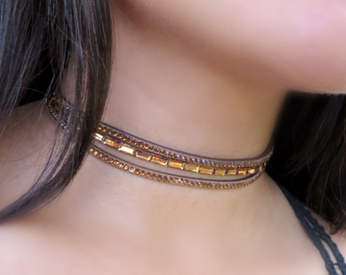 Layered Choker, Brown Choker, Choker Necklace, Suede Leather Choker ...