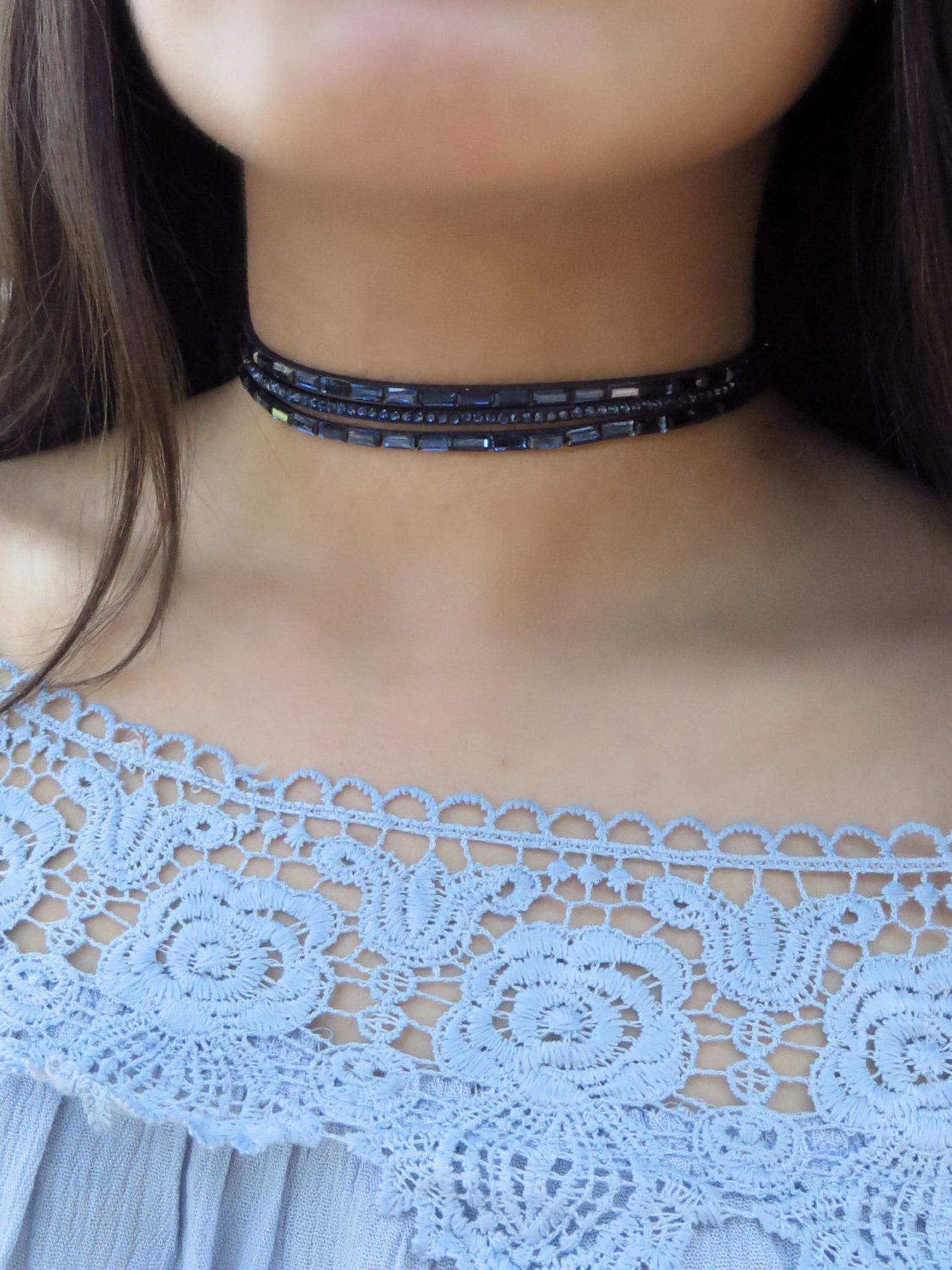 Layered Choker Blue Choker Choker Necklace Suede Leather | Etsy