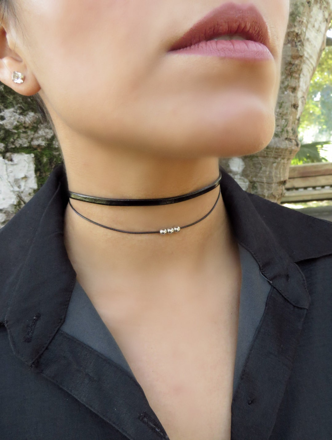 Double Wrap Choker, Brown Choker Necklace, Silver Bead Dainty Choker ...