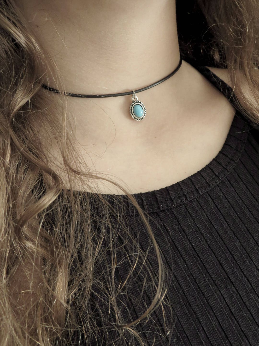 Thin Black Choker, Boho Turquoise Necklace, Choker Necklace, Simple ...