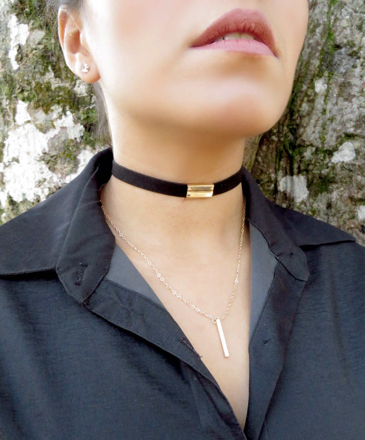 Black Choker Choker Necklace Gold Bar Choker Suede Double - Etsy