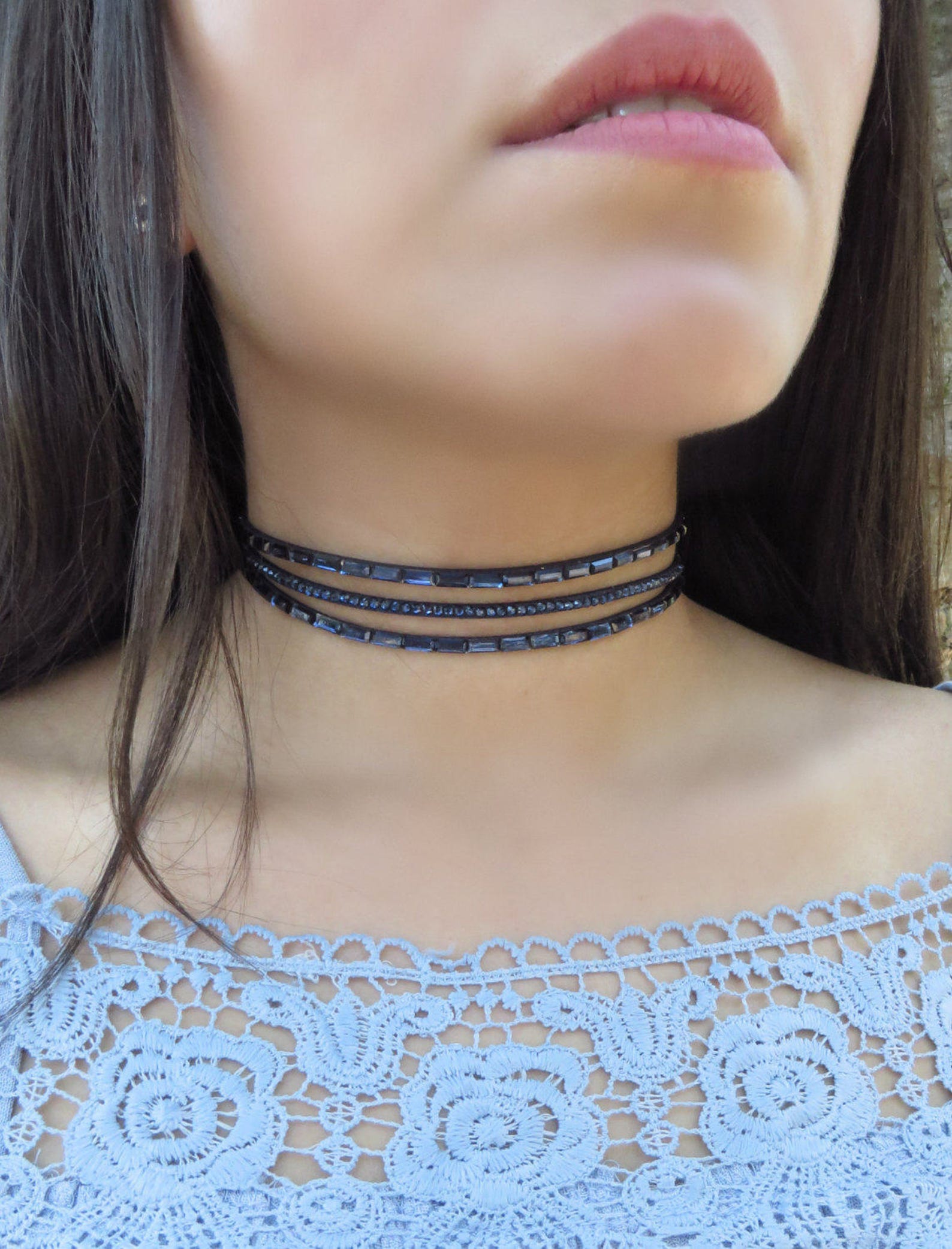 Layered Choker Blue Choker Choker Necklace Suede Leather - Etsy