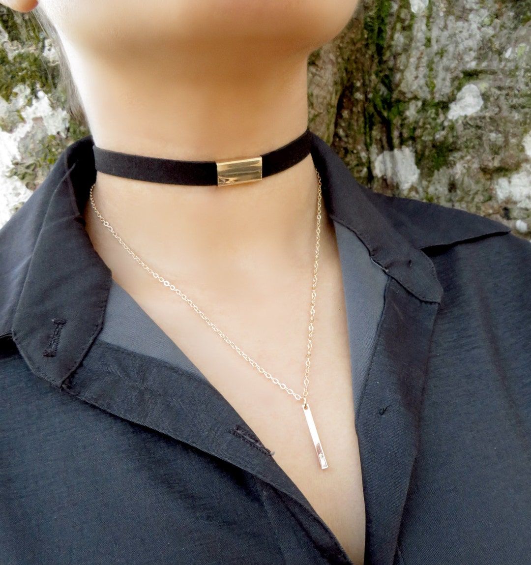 Black Choker, Choker Necklace, Gold Bar Choker, Suede Double Layering ...