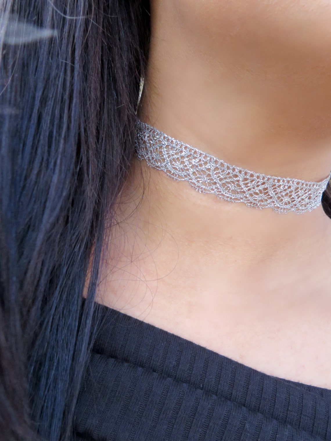 Silver Choker, Lace Choker Necklace, Patterned Choker Necklace ...