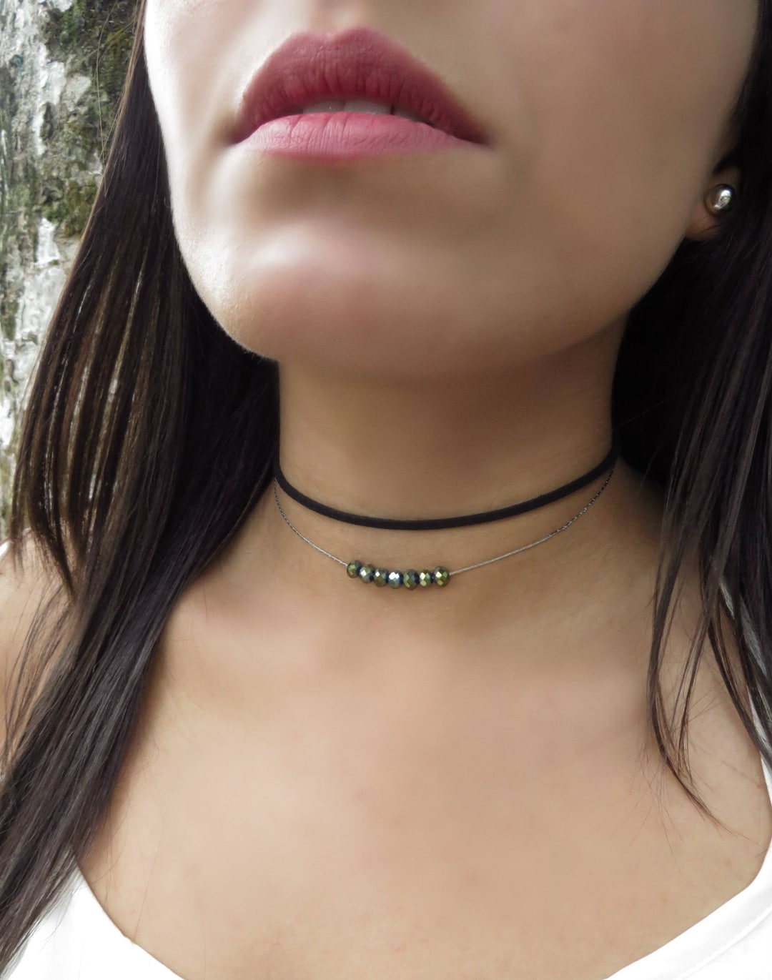 Double Wrap Choker, Black Choker Necklace, Silver Beaded Choker, Dainty ...