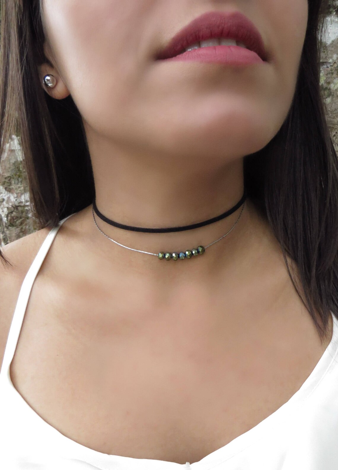 Double Wrap Choker, Black Choker Necklace, Silver Beaded Choker, Dainty ...