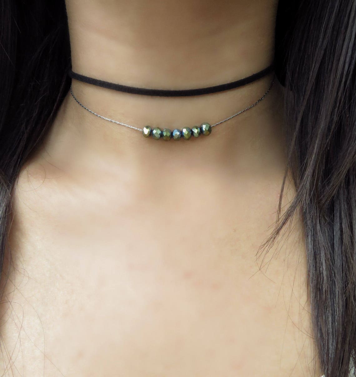 Double Wrap Choker, Black Choker Necklace, Silver Beaded Choker, Dainty ...