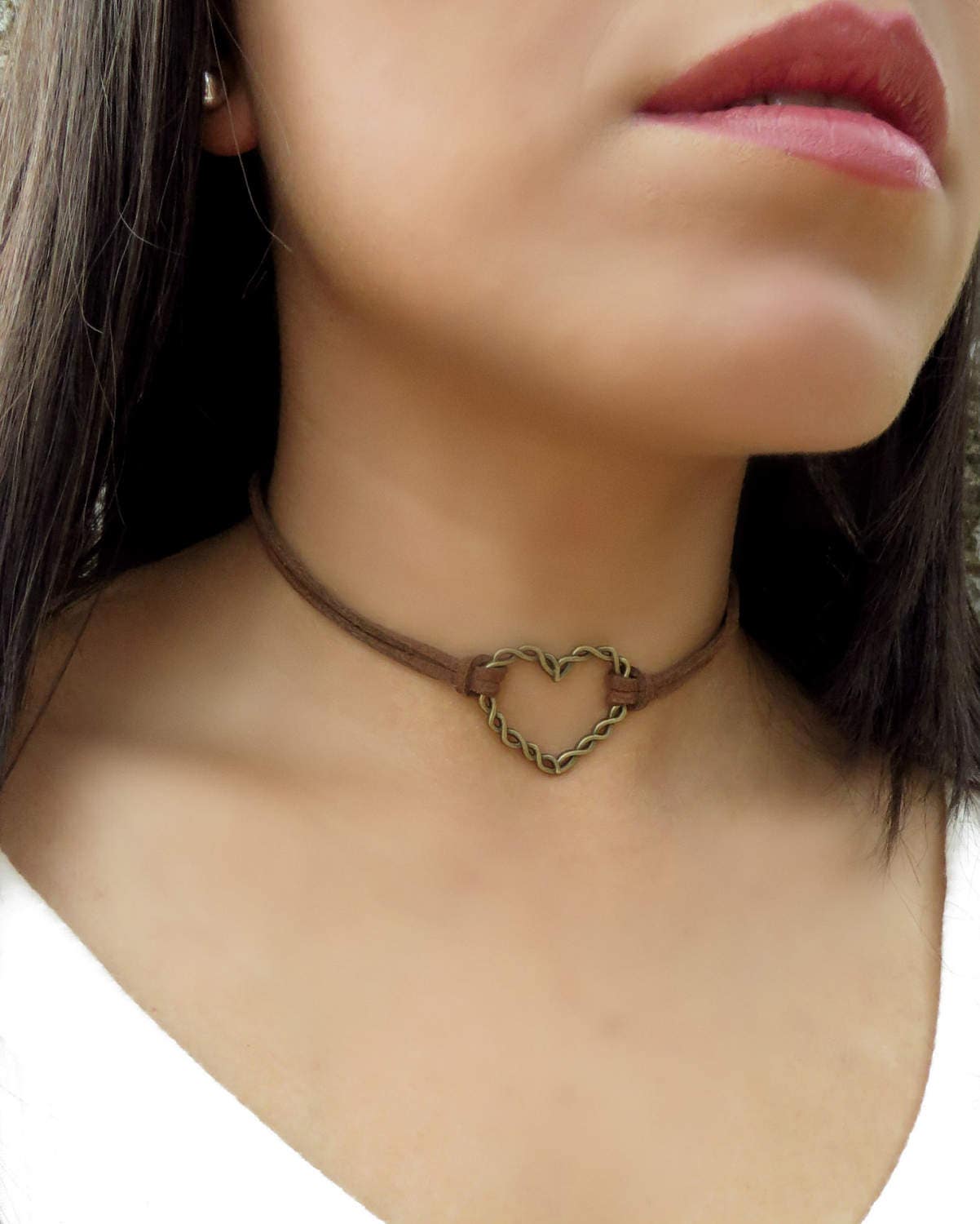Heart Choker Brown Choker Dainty Boho Choker Heart | Etsy