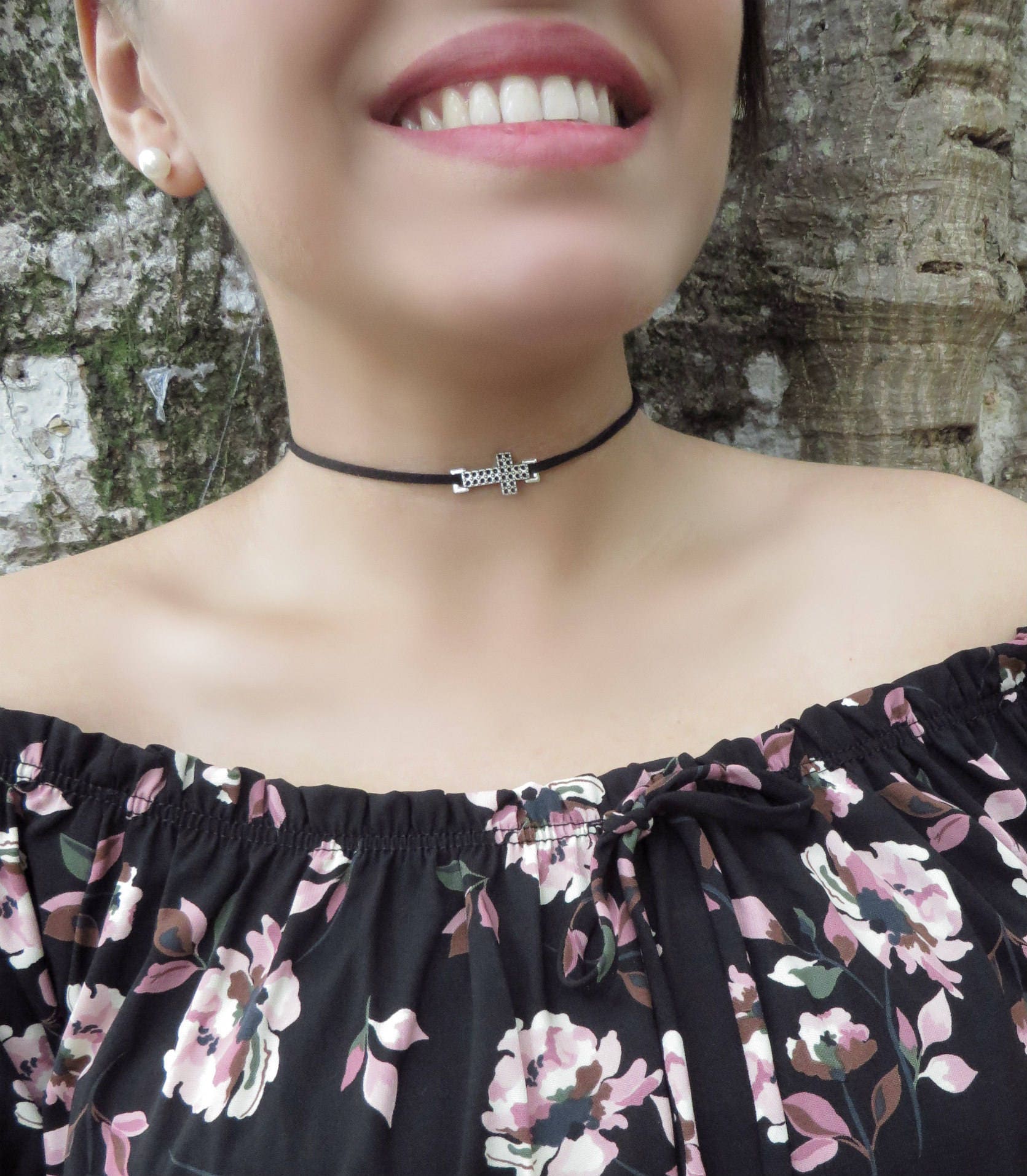 Black Cross Choker Suede Choker Necklace Cross Necklace - Etsy