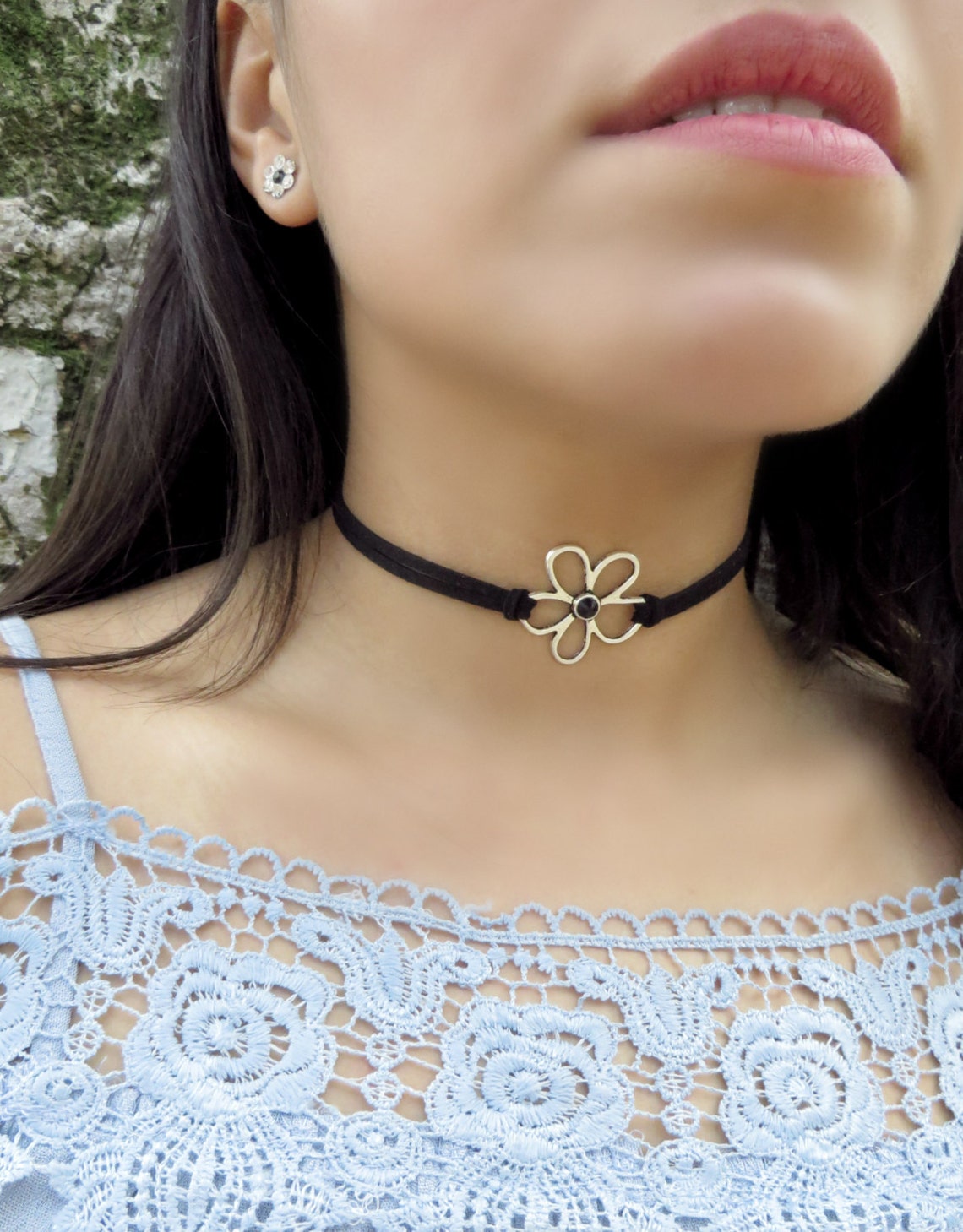 Thin Leather Choker Flower Suede Choker Black Choker | Etsy