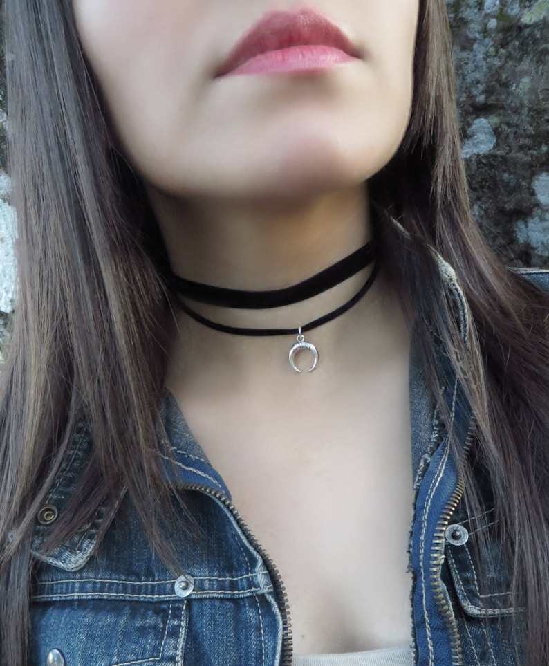 Crescent Moon Choker Necklace Double Wrap Choker Black - Etsy