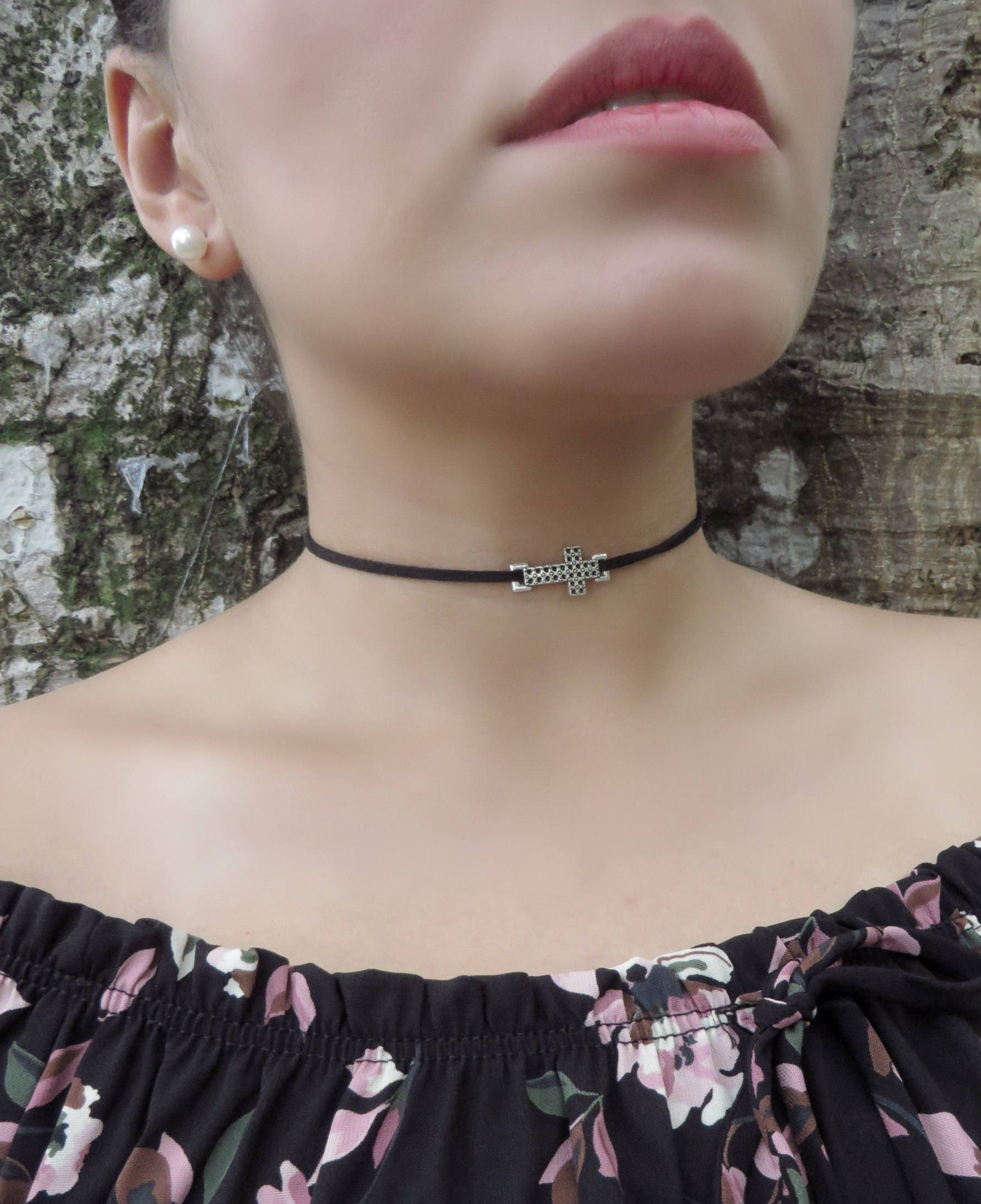 Black Cross Choker Suede Choker Necklace Cross Necklace - Etsy