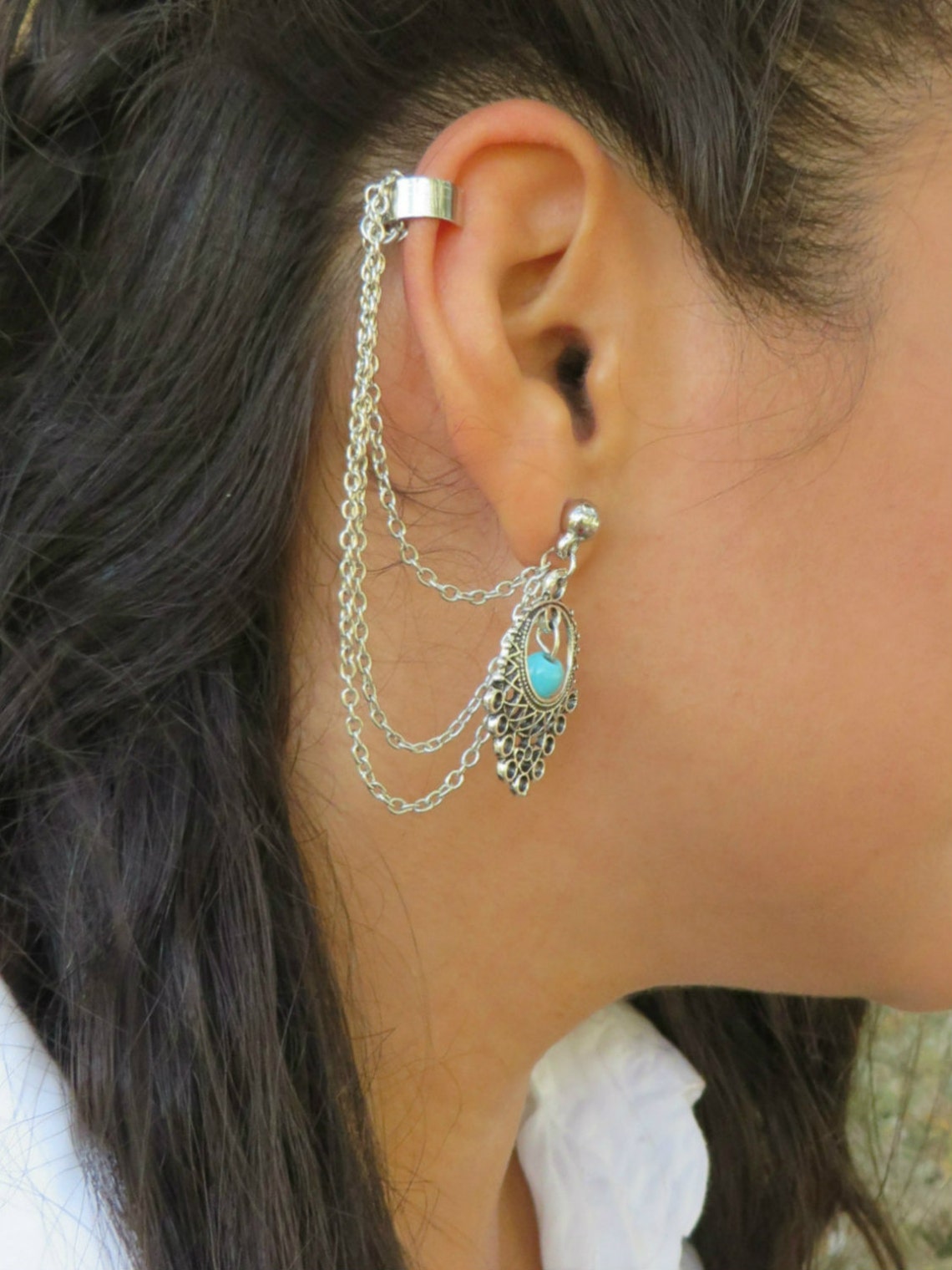 Silver Ear Cuff Earring, Turquoise Bohemian Cuff Earring, Ear Cuffs ...
