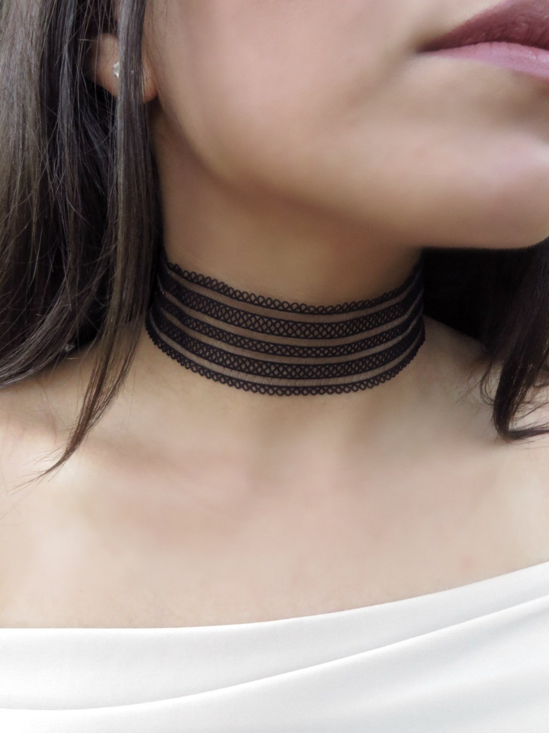 Layered Choker, Black Choker Necklace, Patterned Lace Choker, Elastic ...