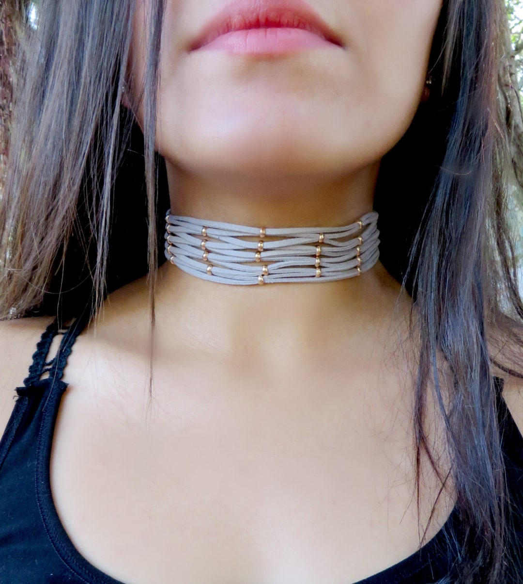 Gray Layered Choker, Choker Necklace, Suede Leather Choker, Boho Thick ...