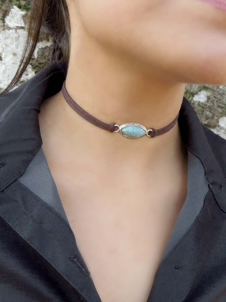 Choker Necklace, Suede Choker Necklace, Bohemian Turquoise Necklace ...