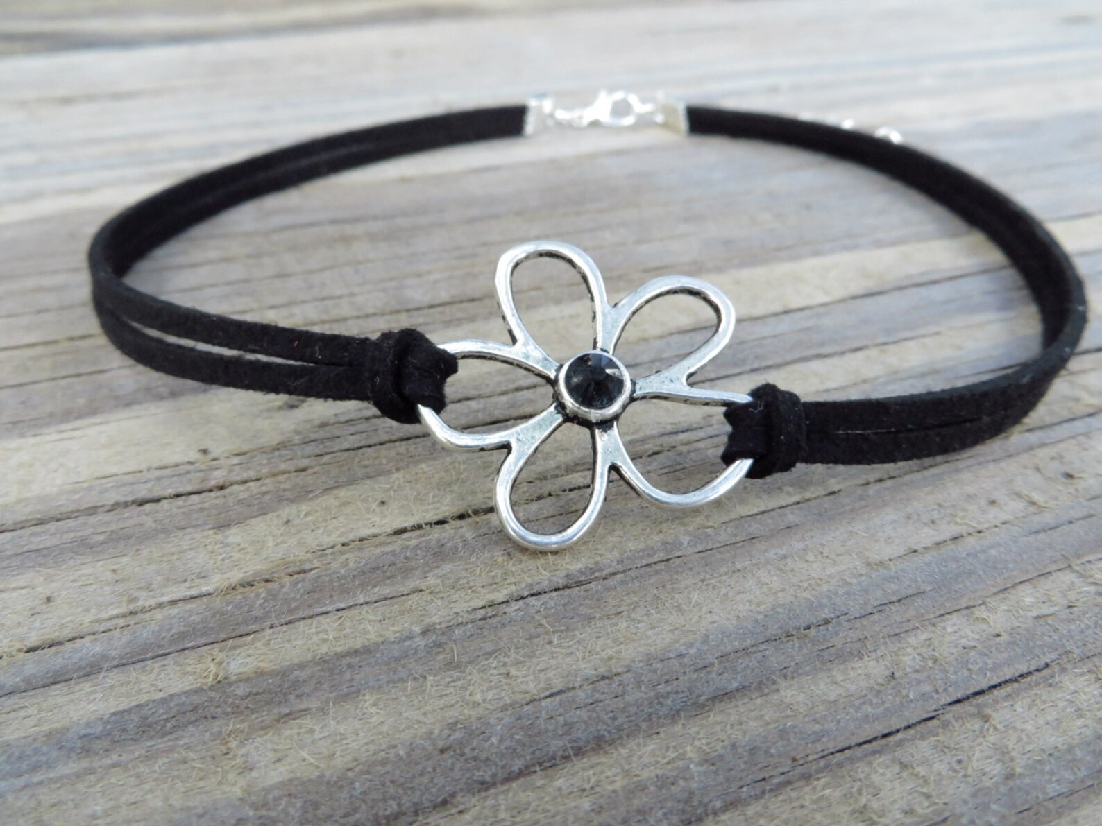 Thin Leather Choker Flower Suede Choker Black Choker | Etsy