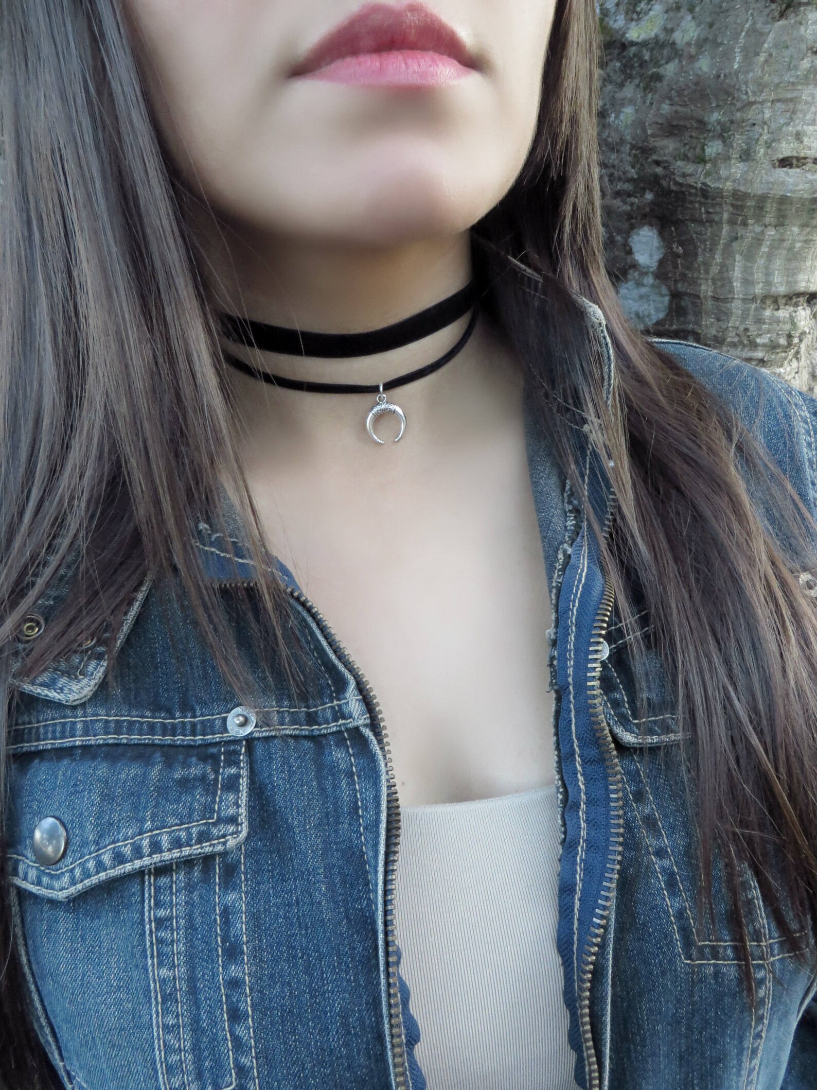 Crescent Moon Choker Necklace, Double Wrap Choker, Black Choker ...