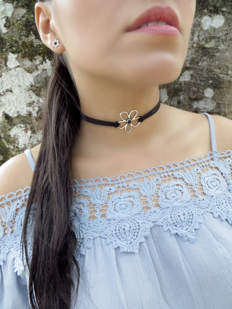 Thin Leather Choker, Flower Suede Choker, Black Choker Necklace ...