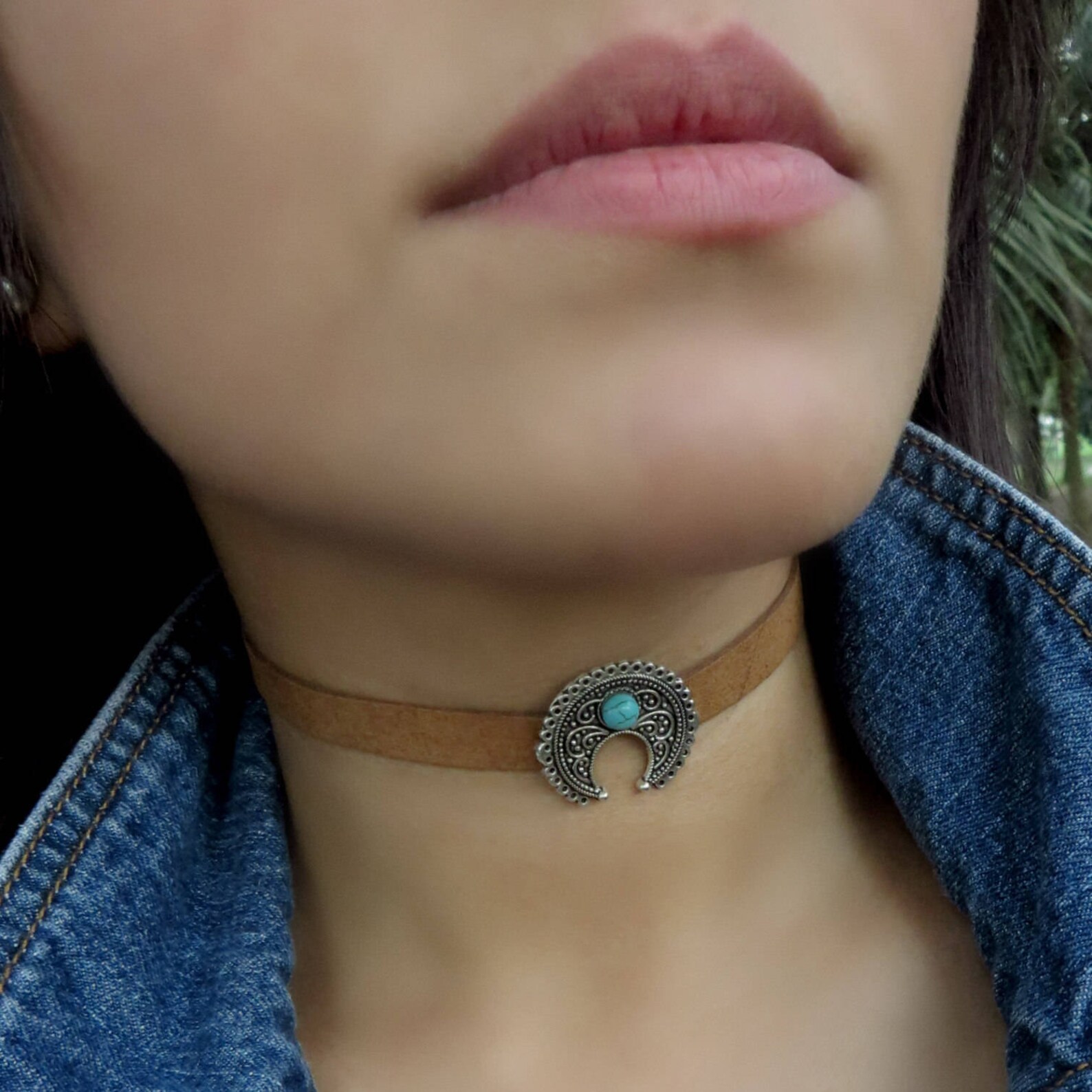 Brown Boho Choker, Choker Necklace, Suede Choker, Half Moon Choker ...