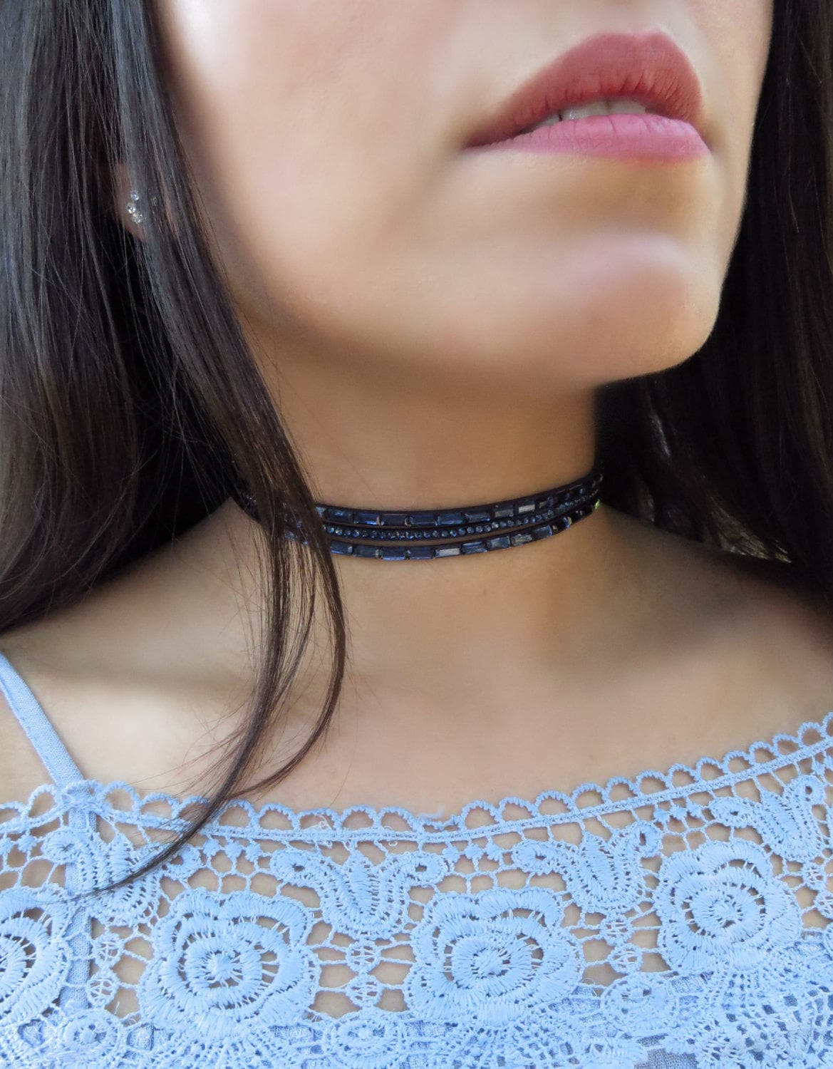 Layered Choker Blue Choker Choker Necklace Suede Leather | Etsy